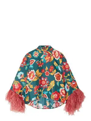 LA DOUBLEJ La Double J Feather-Trimmed Printed Cover-Up