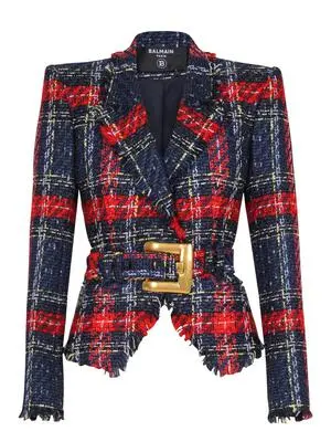 Balmain Belted Plaid Tweed Jacket - Red