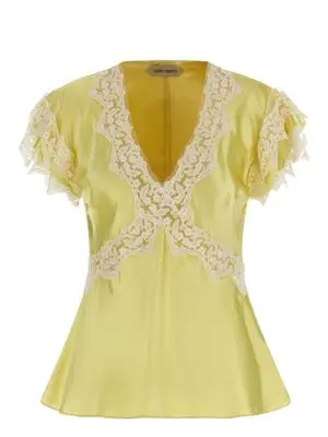 Alberta Ferretti Lace Trim V-neck Top - Yellow