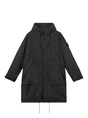 Stone Island Hooded Drawstring Coat With Logo Patch - Black