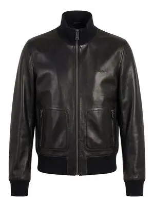 Gucci Leather Bomber Jacket With Logo Detail - Black