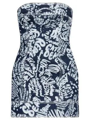 Dsquared2 Denim Graffiti Print Off-the-shoulder Mini Dress - Blue