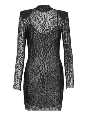 Balmain Leopard Pattern Lace Bodycon Dress - Black