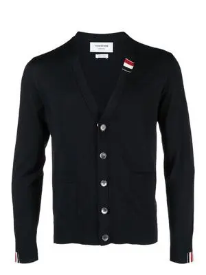 Thom Browne V-neck Knitted Cardigan With Stripes - Navy Blue