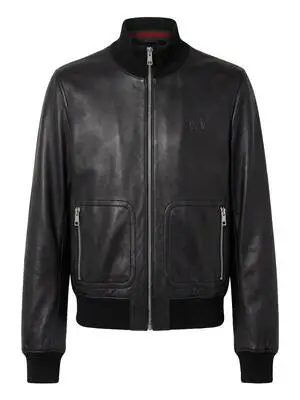Gucci Leather Bomber Jacket With Zip Up And Logo Detail - Black