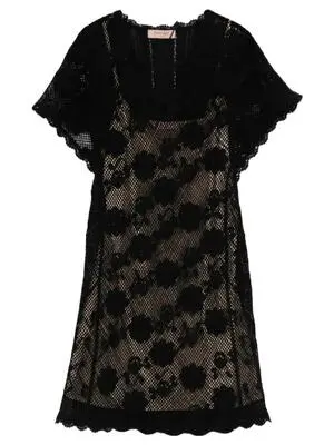 TWINSET Lace Mini Dress With Floral Appliqué And Scalloped Trim - Black