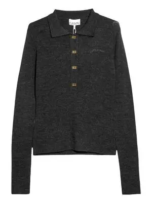 GANNI Ribbed Logo Polo Knitted Sweater - Phantom Black