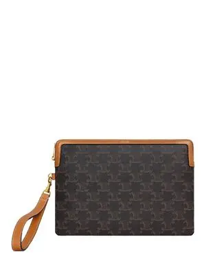 Celine Small Pouch With Strap In Triomphe Canvas And Calfskin - Tan