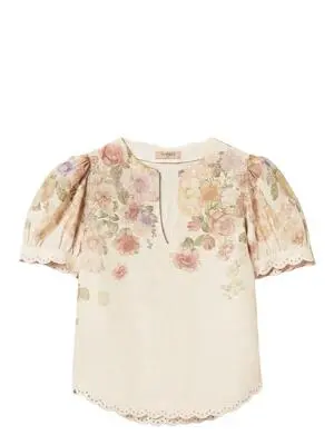 TWINSET Floral Embroidered V-neck Puff Sleeve Top - White