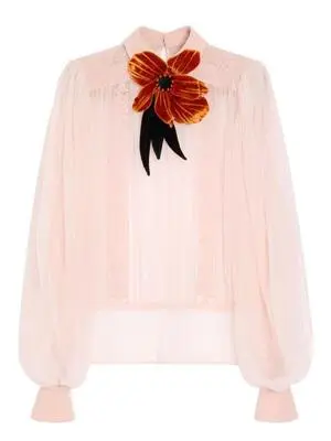 Valentino Garavani Embroidered Organza Top With Velvet Flower Applique - Pink