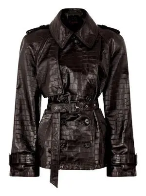 Attico Belted Crocodile-patterned Bomber Jacket - Dark Brown