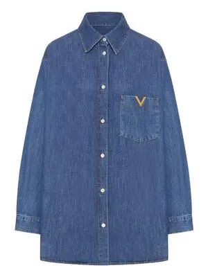 Valentino Garavani Logo Plaque Denim Button-up Shirt - Blue