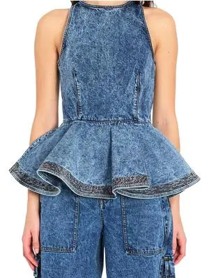 Alaïa Peplum Denim Top - Blue