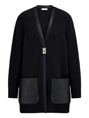 FERRAGAMO Ribbed V-neck Cardigan With Leather Trim And Pockets - Black