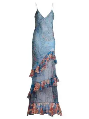 Etro Sleeveless Ruffled Maxi Dress With Floral Print - Blue