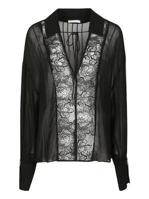 Patrizia Pepe Sheer Lace Panel V-neck Shirt - Black