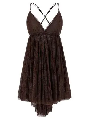 Elisabetta Franchi Pleated Lace Mini Dress - Brown
