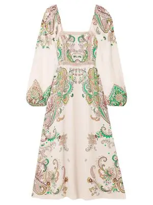 Etro Lace-trimmed Paisley Print Crepe De Chine Midi Dress - Pink