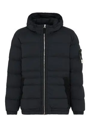 Stone Island Nylon Down Jacket With Hood And Logo Patch - Black