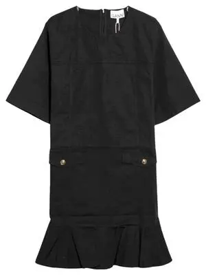 GANNI Stretch Cotton Mini Dress With Flap Pockets And Ruffled Hem - Black