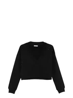 Patrizia Pepe Deep V-neck Rhinestone Embellished Cropped Sweatshirt - Black