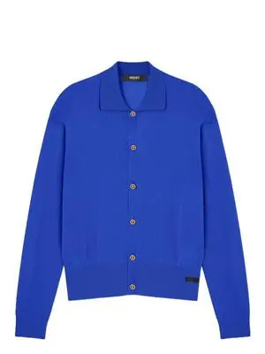 Versace Cotton Silk Blend Collared Cardigan With Medusa Buttons - Blue