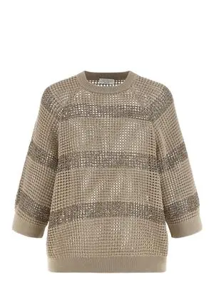Brunello Cucinelli Brunello Cucinelli Embellished Striped Crew Neck Pullover Nude