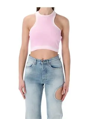 Off-White Sleeveless Round Neck Cropped Top - Pink