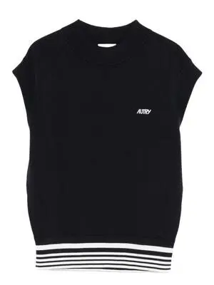 AUTRY Sleeveless Crewneck Knit Top With Striped Hem - Black