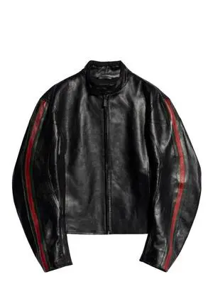 Gucci Striped Detail Motorcycle Leather Jacket - Black