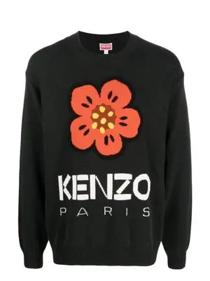 Kenzo Boke Flower Logo Intarsia Crewneck Jumper - Black