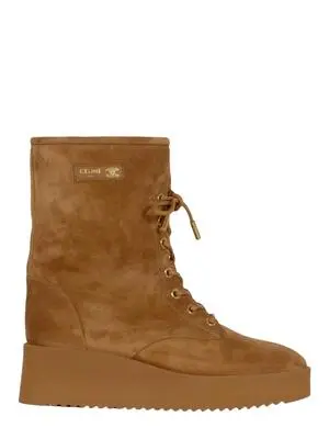 Celine Austin Lace-up Boots In Suede Calfskin And Shearling - Brown