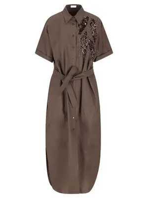 Brunello Cucinelli Embroidered Sequined Poplin Shirt Dress - Brown