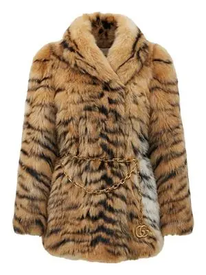 Gucci Smooth Long Shearling Coat With Gg Jacquard Lining And Detachable Chain Belt - White/brown/black
