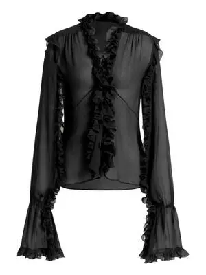 Alberta Ferretti Silk Creponne Ruffled Blouse - Black