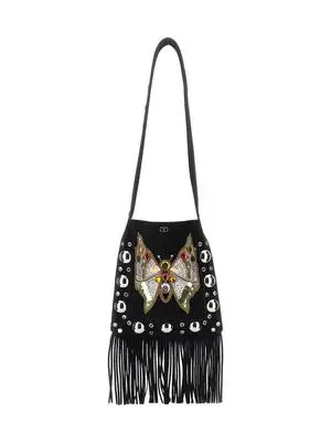 Valentino Garavani Nellcôte Embroidered Shoulder Bag With Fringes - Black