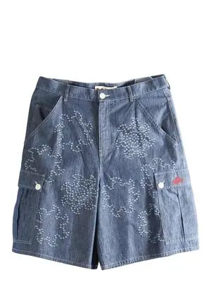 Marni Embroidered Wide Leg Denim Shorts - Blue
