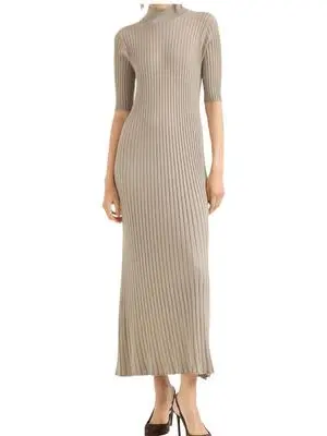 Brunello Cucinelli Mock Neck Ribbed Knit Midi Dress - Nude