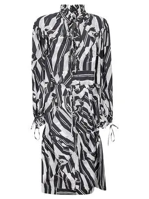 Dries Van Noten Long Sleeve Printed Dress With Tie Details - Black