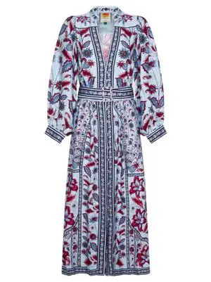 Farm Rio Marcelle Floral Printed V-neck Belted Midi Dress - Blue