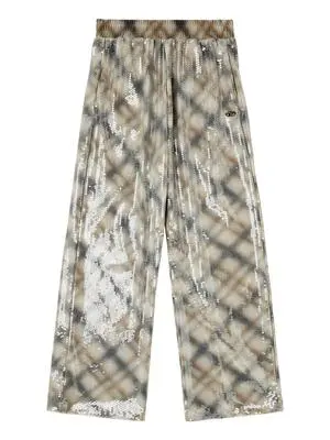 DIESEL® Sequinned Plaid Wide Leg Trousers - Beige/gray