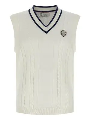 Brunello Cucinelli V-neck Waistcoat With Heraldic Logo Patch - White