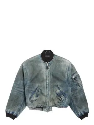 Balenciaga Oversized Zip-up Bomber Denim Jacket With 3b Artwork - Dirty Grey/light Blue