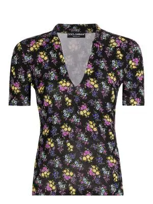Dolce & Gabbana Short Sleeve Floral Polo Shirt - Black