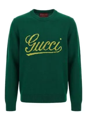 Gucci Knit Wool Sweater With Script Intarsia - Dark Green