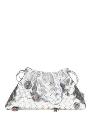 BOTTEGA VENETA Bottega Veneta Silver Woven Leather Drawstring Clutch With Floral Embellishments