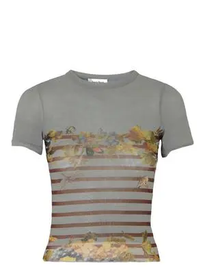 JEAN PAUL GAULTIER Striped Floral-print Mesh T-shirt - Grey