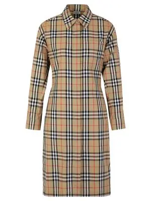 Burberry Long Sleeve Plaid Shirt Dress - Nude