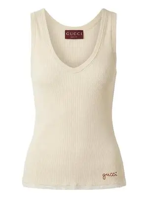 Gucci Embroidered Lace-trimmed Ribbed Knit Vest - Cream