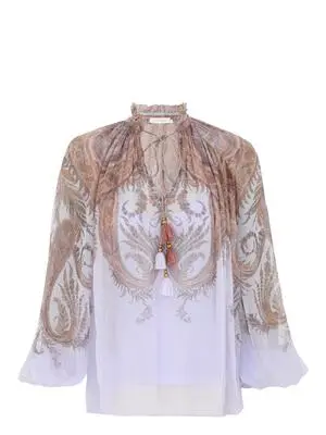 Zimmermann Paisley-print Ruffled Blouse With Tie Neck - Lilac Paisley